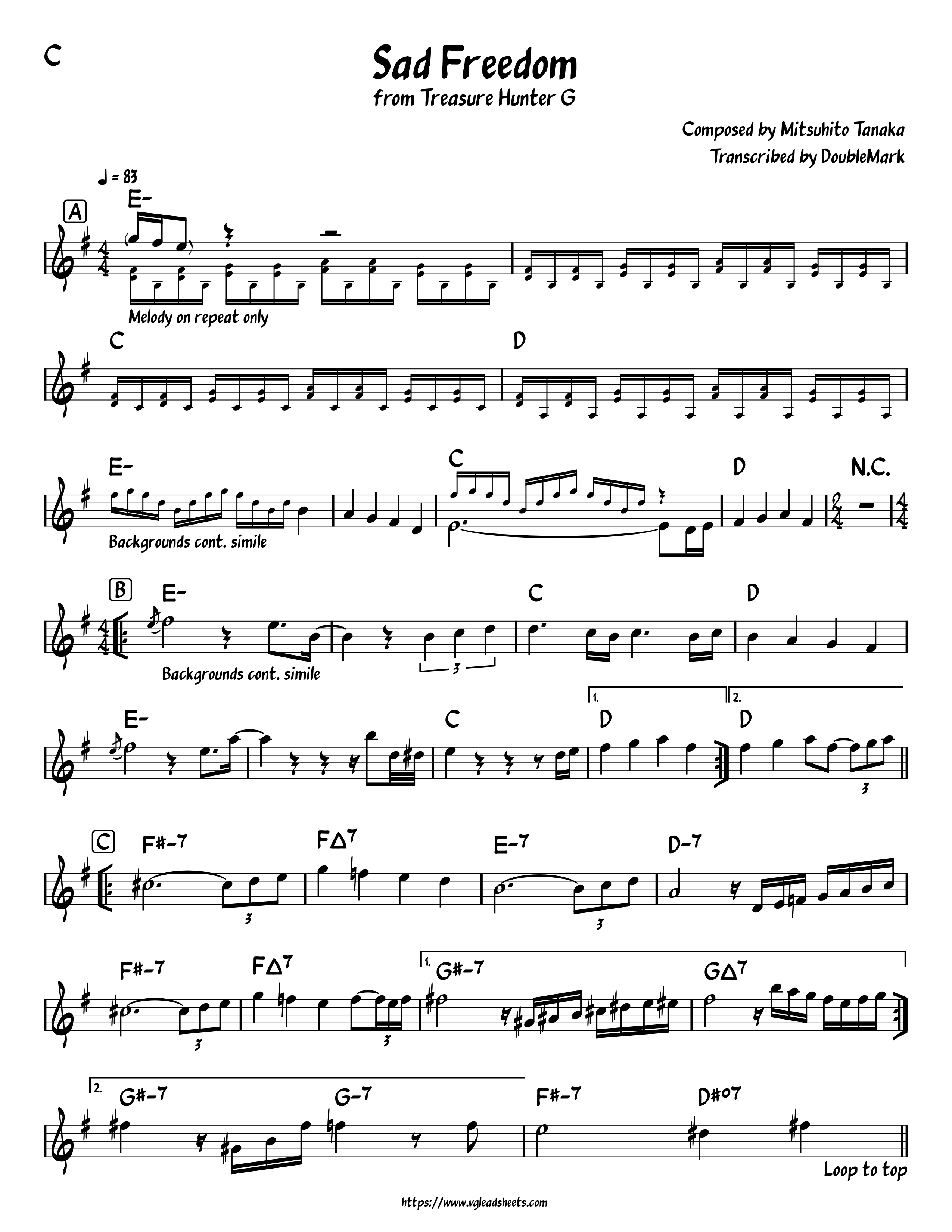 Treasure Hunter G - Sad Freedom | VGLeadSheets.com - Lead Sheets by ...